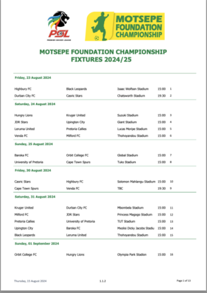 PSL Confirm 2024/25 MFC Fixtures - iDiski Times